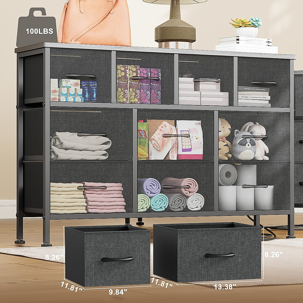 Lulive Grey Dresser for Bedroom 10 Drawer, Bedroom TV Stand with Power Outlet, Entertainment Center Chest of Drawers, Long Fabric Dresser for Living Room Save Space (Grey)