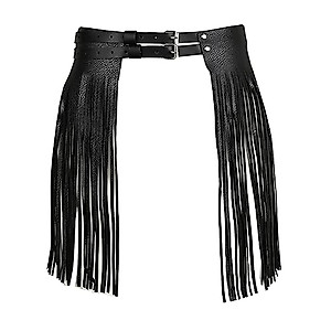 KKmeter Women's Faux Leather Waistband Fringe Tassel Skirt Hippie Boho High Waist Adjustable Double Waist Belt Skirt Clubwear (Black)