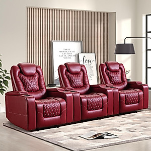 ANJ Power Recliner Chair Set of 3, Electric Soft Leather Reclining Home Theater Seating - USB Ports, Cup Holders, Hidden Arm Storage Movie & Media Room Chairs (Red)