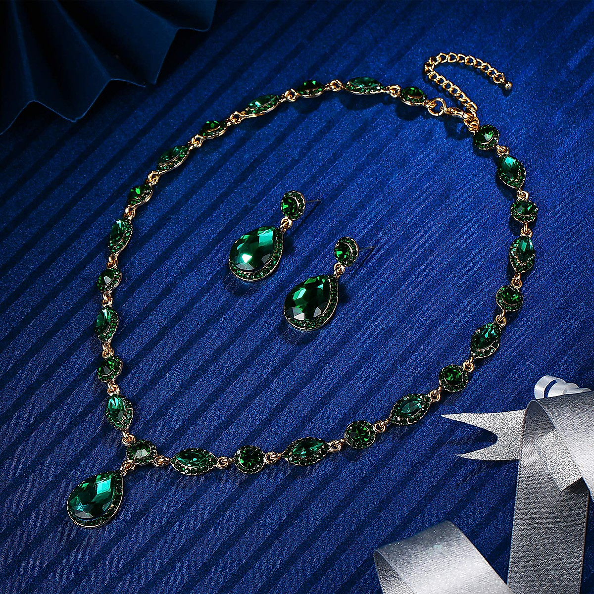 EleQueen Women's Wedding Bridal Jewelry Set for Brides Bridesmaids, Crystal Teardrop Necklace Dangle Earrings Jewellery for Party Prom Emerald Color