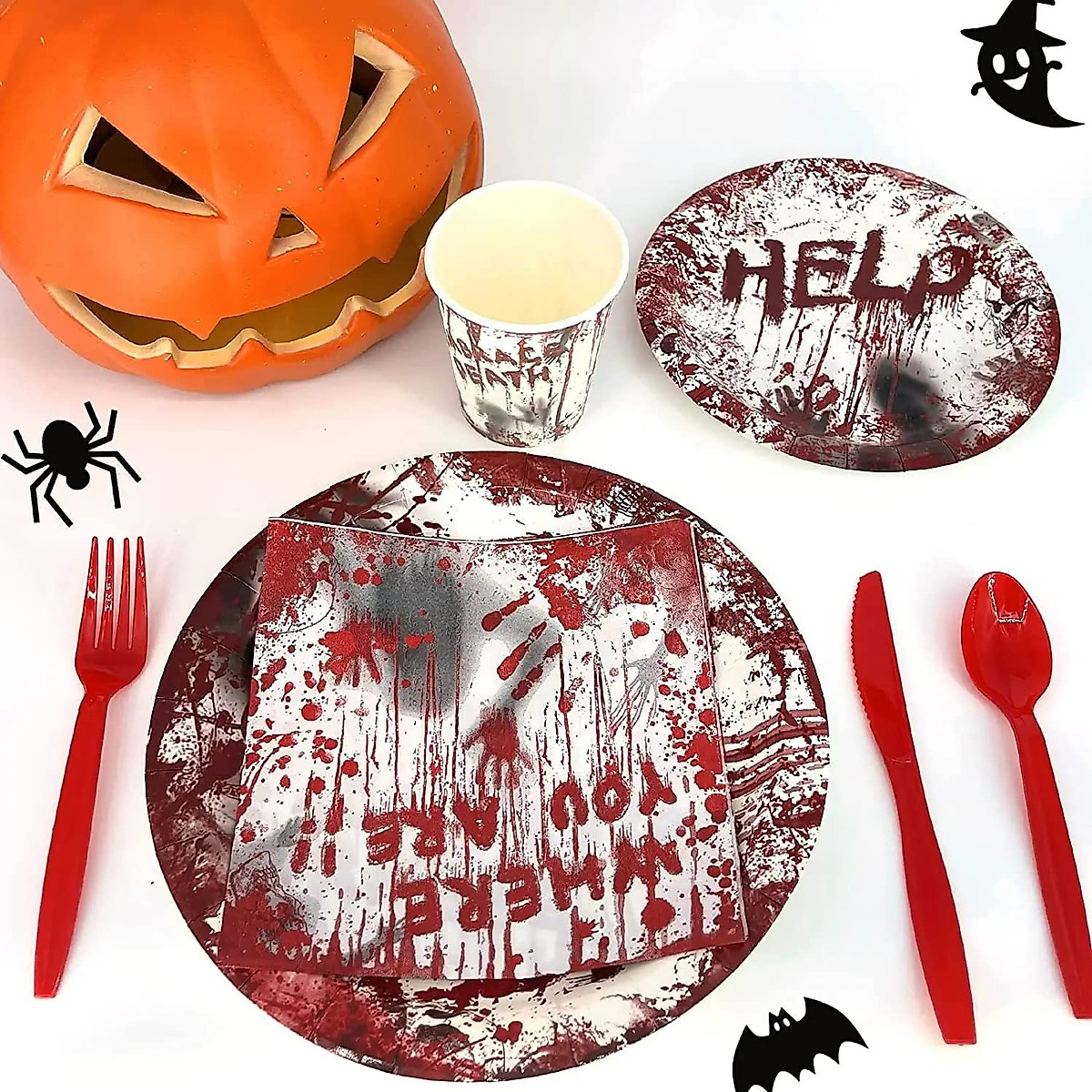 Bloody Good Time Party Tableware Set Halloween Zombie Skull Bloody Party Table Decorations Halloween Party Supplies Table Decorations Paper Plates Napkins Forks for 24 Guests(96 Pcs )
