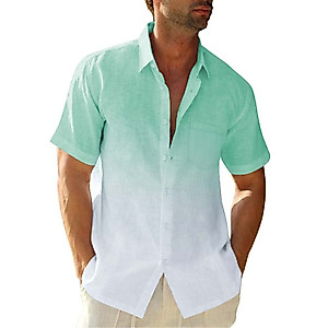 Mens Gradient Linen Shirts Casual Button Down Short Sleeve Beach Hippie Shirts Mint Green