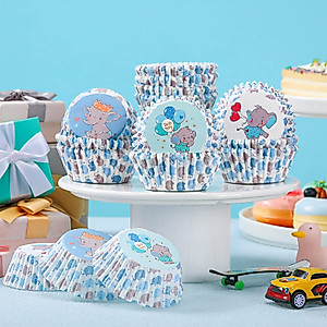 300 count Baby Shower Cupcake Liners Boy Elephant Muffin Cups Paper Liners Blue Cupcake Wrappers Baking Cups Baking Liners Holders for Baby Boy Birthday Party Decorations