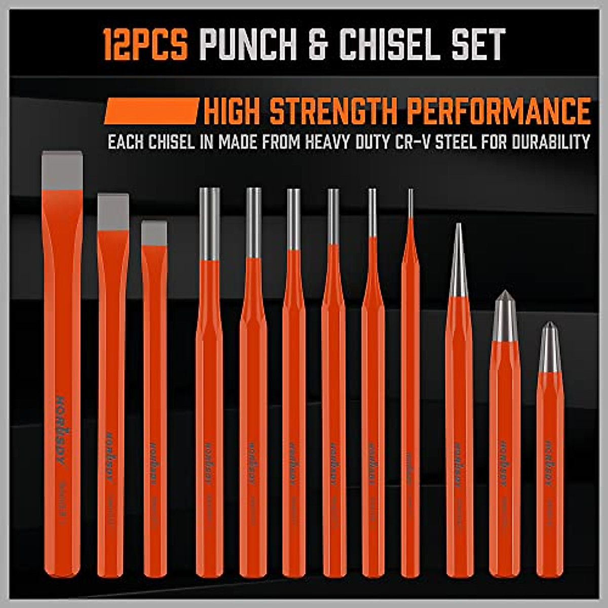 HORUSDY 12-Piece Punch and Chisel Set, Including Taper Punch, Cold Chisels, Pin Punch, Center Punch