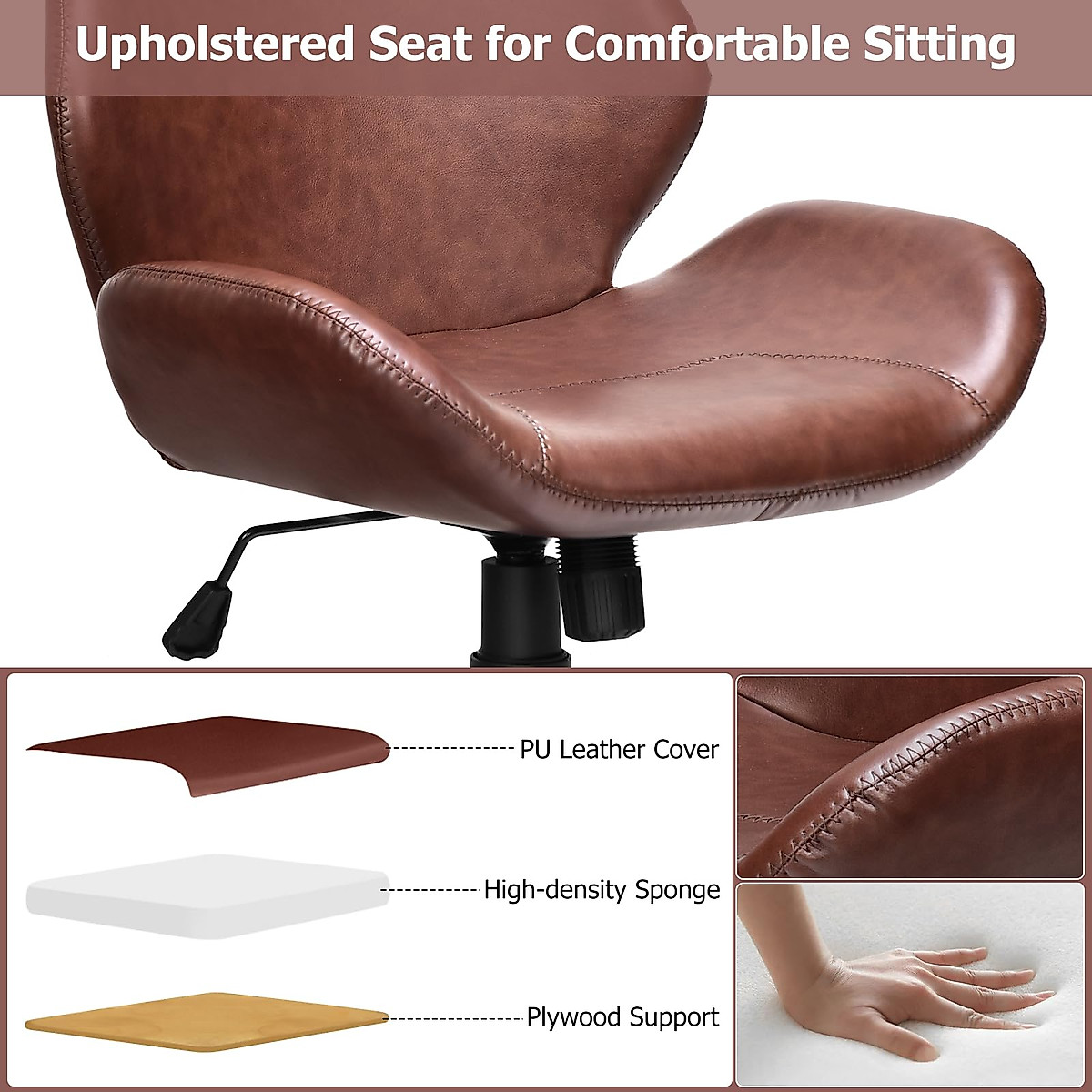 COSTWAY Armless Office Desk Chair, Mid-Back PU Leather Computer Task Chair with Rocking Back & Swivel Seat, Ergonomic Adjustable Leisure Chair with 5-Claw Metal Base for Home Office, Brown