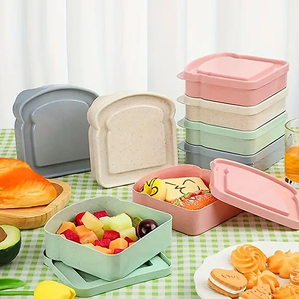 Sandwich Containers, 4 Pcs Sandwich Containers for Lunch Boxes Toast Shape Sandwich Box Reusable Food Storage Box with Lid for Lunch Prep Bread Snack Meal Microwave Dishwasher Safe (Colorful)
