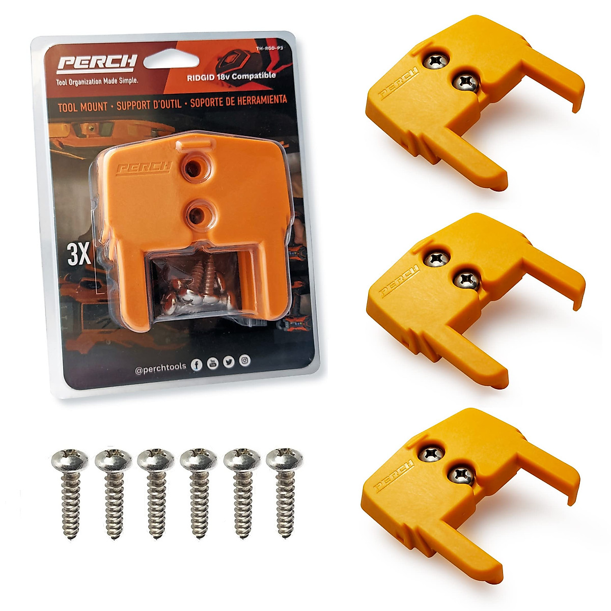 PERCH Tool Holder Organization for RIDGID 18v Tools (3pc) | Made in USA | Patented Snap-Fit Locks Tools into Place | Hardware Included | Strongest RIDGID Tool Mount