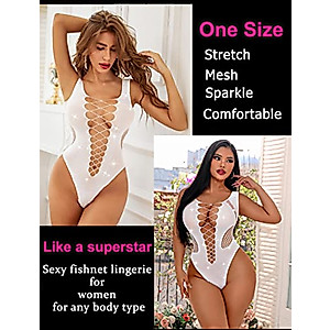 Avidlove White Rhinestone Bodysuit Sparkle Bodysuit Fishnet Lingerie for Women Sexy Mesh Body Suit Teddy Lingerie