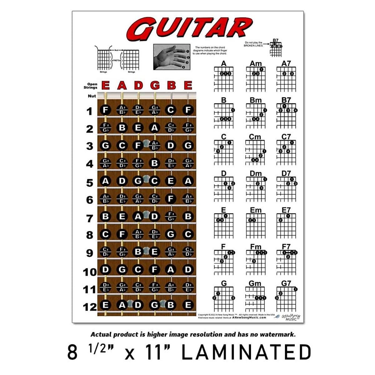 Laminated Guitar Fretboard & Chord Chart - Easy Instructional Poster for Beginner 8.5"x11" | A New Song Music