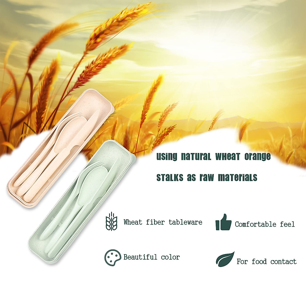 Travel Utensil Set with Case, 2 Sets Wheat Straw Reusable Spoon Chopstick Forks Tableware, Portable Cutlery Travel Picnic Camping or Daily Use (Beige, Green)