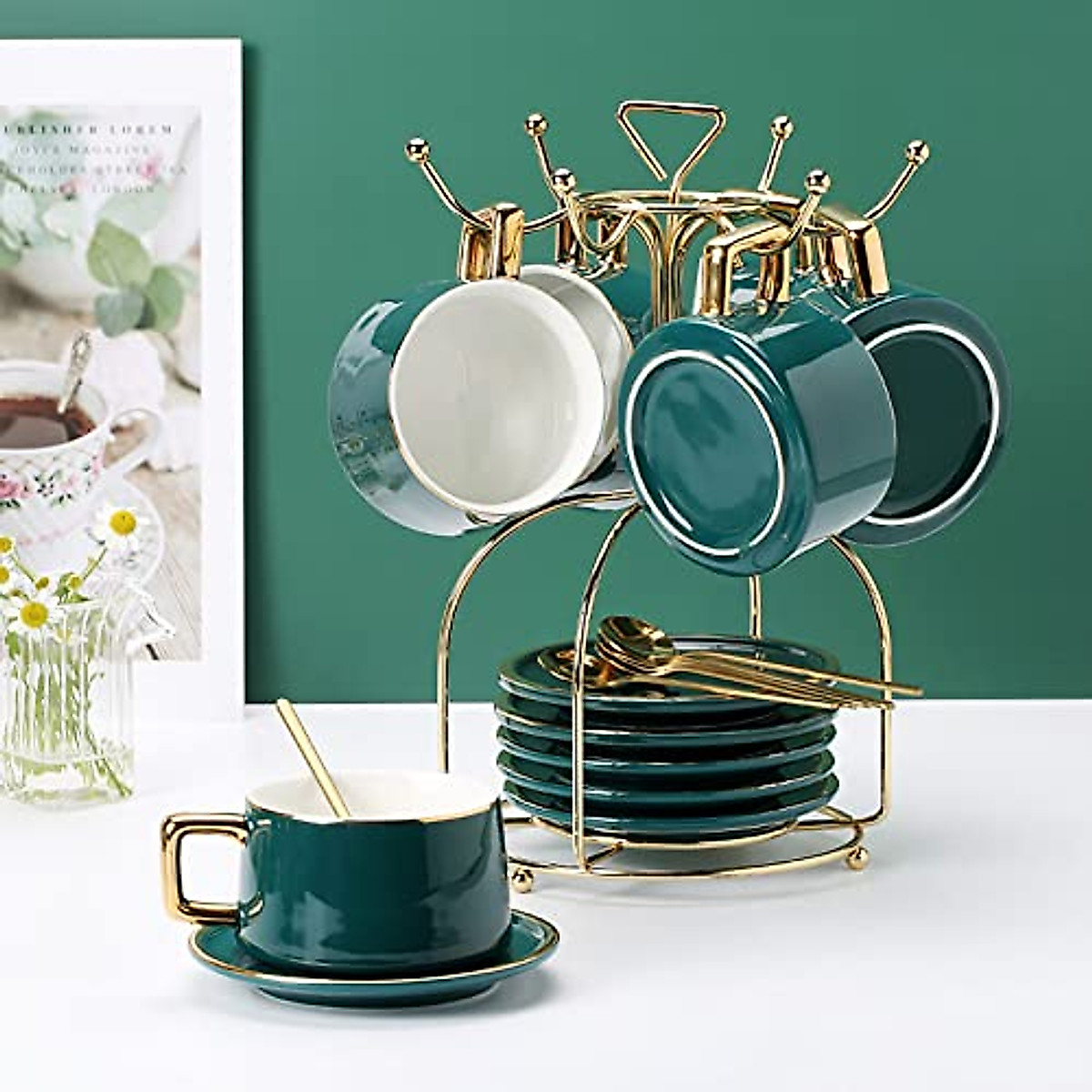 oAutoSjy Iron Coffee Cup Holder Gold Mug Holder with Hook & Handle Coffee Mug Rack Dishes Organizer Mug and Saucer Display Rack Wrought Iron Mug Drainer Storage Drying Rack for Counter Kitchen Office