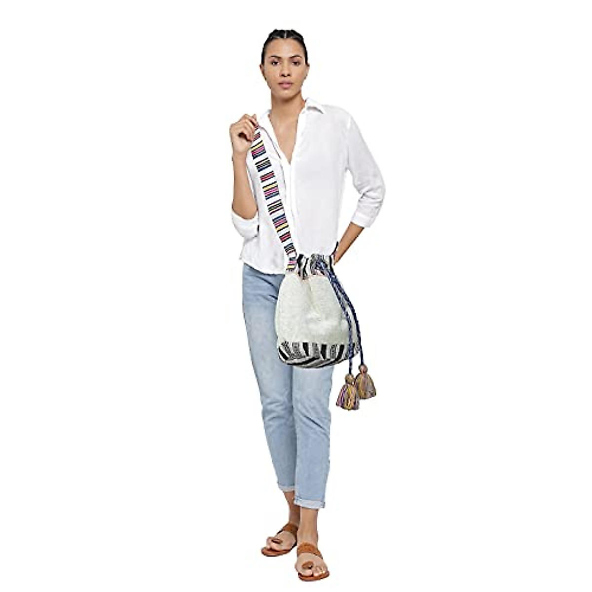 The House of Tara Grey Multicolour Handloom Fabric Crossbody Sling Shopping Bag with Tassels and Boho Ethnic Design for Women