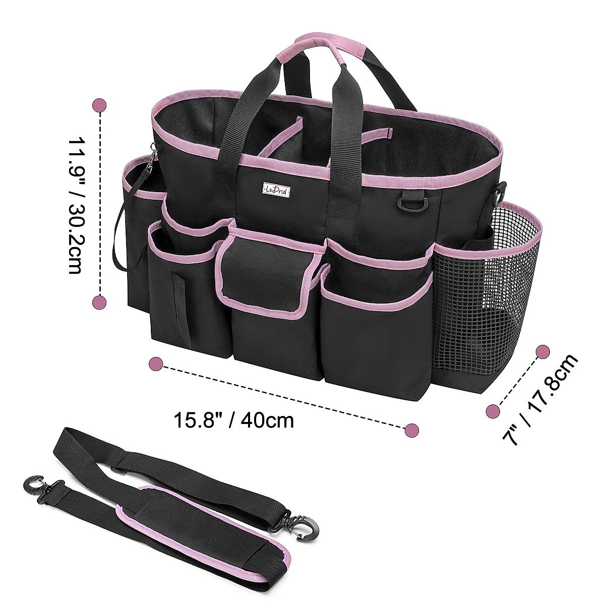 LoDrid Cleaning Caddy Bag with Handle and Shoulder Strap, Cleaning Supplies Organizer for Cleaning Work with 3 Compartments and Multifunctional Pockets, Black with Pink Edge