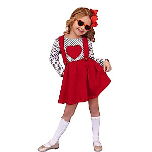 Toddler Baby Girls Valentine's Day Outfits Long Sleeve Dot Heart Shirt Top Red Suspender Skirt Clothes Set(Red, 2-3T(90)）