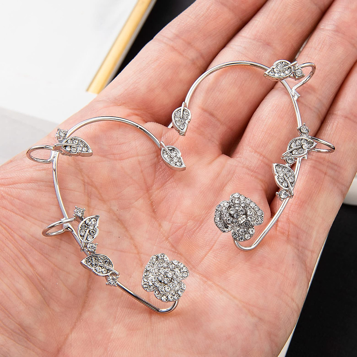 LOREMOW 2 Pair CZ Flower Ear Clip Earrings for Women Clip on Earrings Non Pierced Earring Wrap Earrings Set Silver