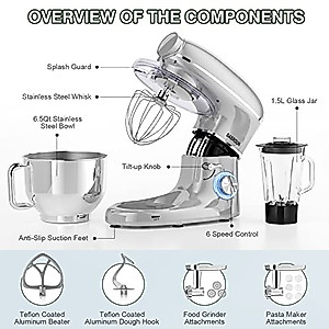 Stand Mixer, BABROUN 6 IN 1 Multifunctional Electric Kitchen Mixer with 6.5QT Stainless Steel Bowl, 1.5L Glass Jar, Meat Grinder, Dough Hook, Whisk, Beater, Noodle Mould, 6 Speeds Food Mixer for Baking Mixing