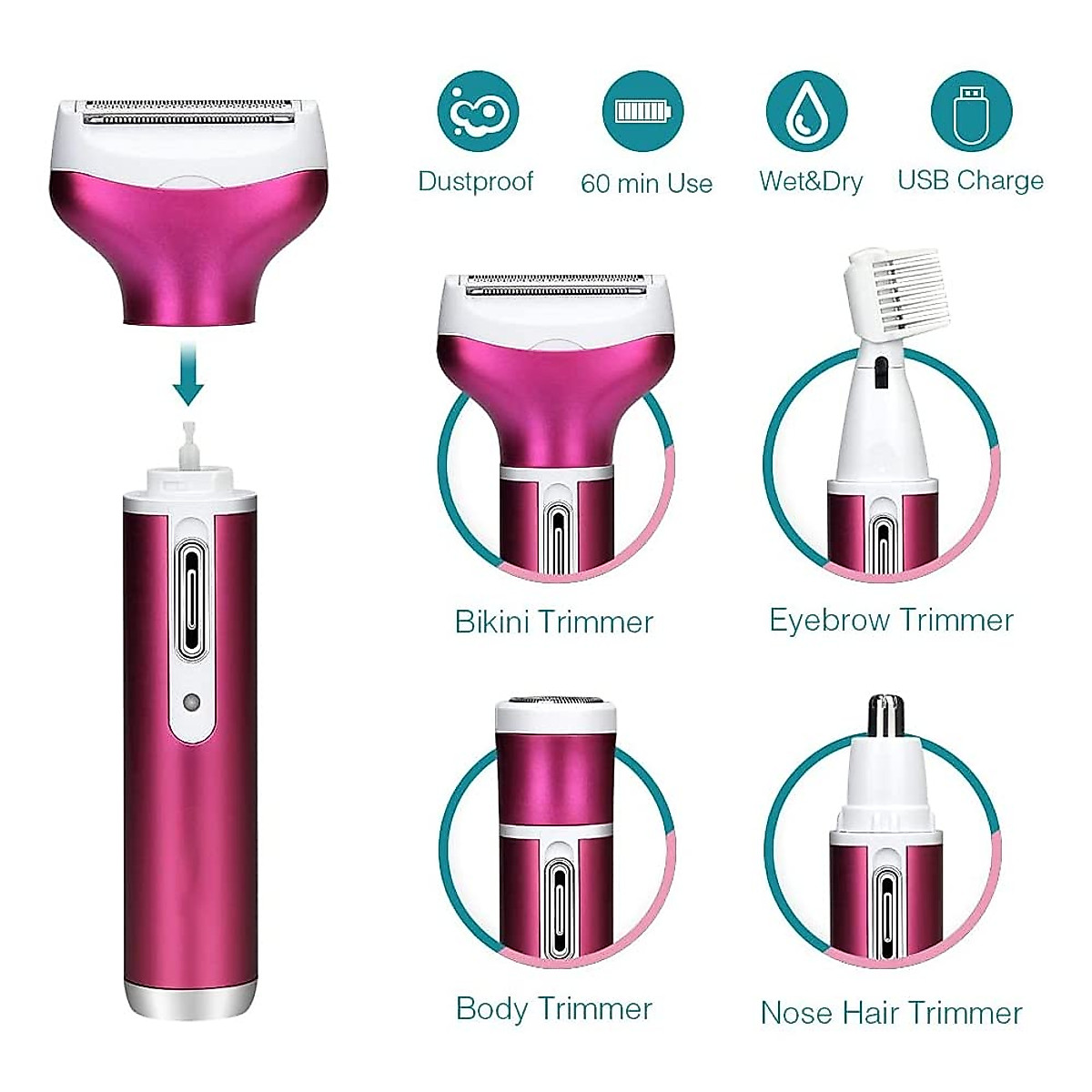 OOCOME Women Bikini Trimmer, 4 in 1 Woman Electric Shaver, Rechargeable Epilator Lady Hair Painless Shaver for Bikini Area/Nose/Armpit/Eyebrow/Facial