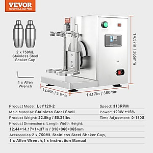 VEVOR Milk Tea Shaker, Electric Double Frame Milk Tea Shaker Machine, 0-180s Adjustable Milk Shake Mixer Machine with Double 750ML Stainless Steels Cups for Bubble Tea Boba Tea Juice Coffee Milk Wine