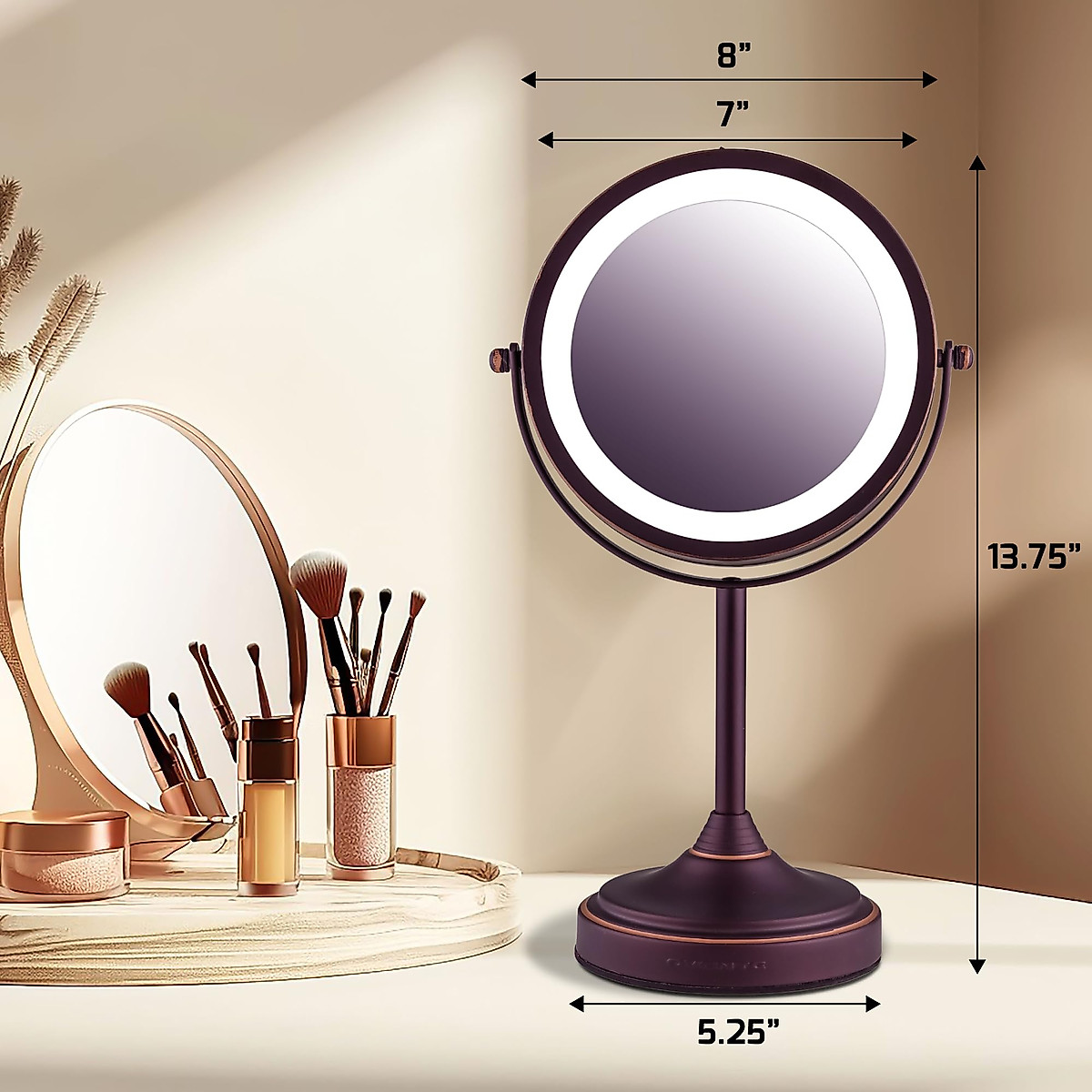 OVENTE 7'' Lighted Makeup Mirror with 1X/7X Magnification, Cordless Tabletop Mount Vanity Mirror with 360° Swivel Design & Double Sided Glow Cosmetic White LED Ring Light, Antique Bronze MCT70ABZ1X7X