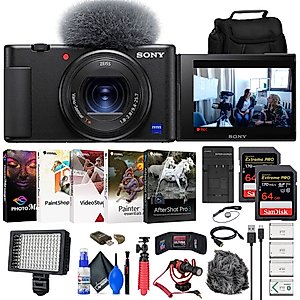 Sony ZV-1 Digital Camera (Black) (DCZV1/B) + 2 x 64GB Memory Card + Case + 3 x NP-BX1 Battery + Card Reader + LED Light + Corel Photo Software + Rode Compact Mic + Charger + More (Renewed)