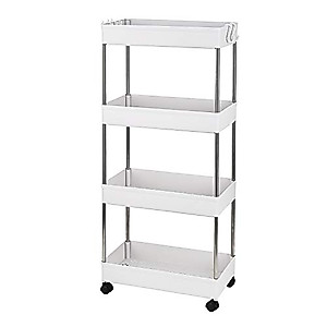 4-Tier Rolling Cart on Wheels, Mobile Slim Rolling Cart with Hooks, Multi-Functional, Suitable for Kitchen, Bathroom, Laundry Room Narrow Place, Plastic and Stainless Steel, White (16L x 8.7W x 34.5H)