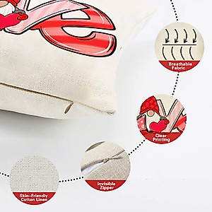 Softxpp Gnome Decorative Throw Pillow Cover, Valentine’s Day Cushion Case Pink Love Heart Sign, Anniversary Wedding Home Spring Decorations Pillowcase Decors for Sofa Couch 18 x 18 Cotton Linen