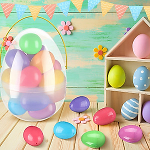 Jumbo Easter Egg Plastic Fillable Basket with 17 Easter Eggs Bulk Large Eggs Container Giant Clear Egg-Shaped Buckets with Handles for Easter Supplies and Decor, Surprise Egg, Easter Hunt (1 Pack)