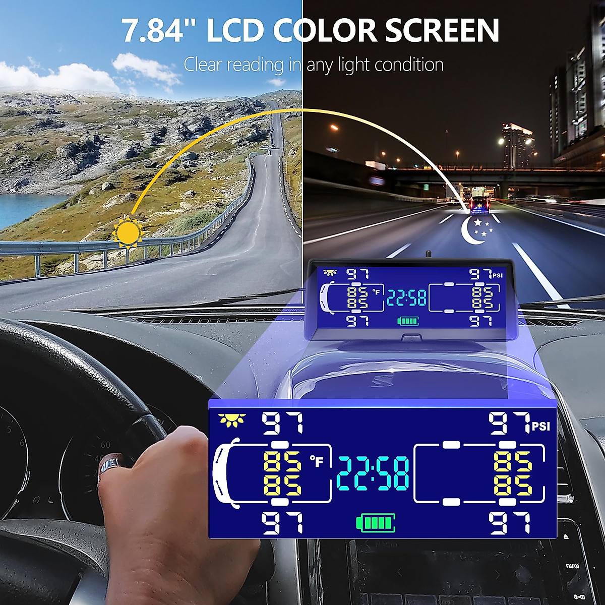 Hieha Tire Pressure Monitoring System, 7.84” Wireless Solar Rv TPMS with 4 Sensors for Travel Trailer Truck Fifth Wheel Motorhome, Real-time Monitoring Pressure and Temperature(0~198 PSI)