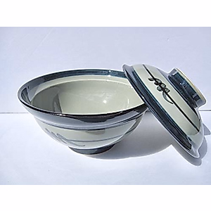 Japanese 6.1 Inches Diameter Porcelain Mashiko Sansui Donburi Ramen Noodle Soup Rice Bowl with Lid Grey M51914