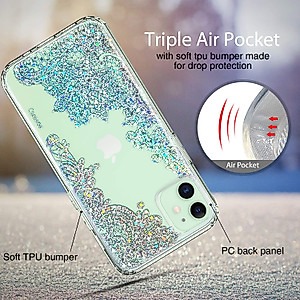 Coolwee Clear Glitter Compatible with iPhone 12 Case Thin Flower Slim Cute Crystal Lace Bling Women Girl Floral Hard Back Soft TPU Bumper Protective Cover for iPhone 12 Pro Mandala Henna Sparkle