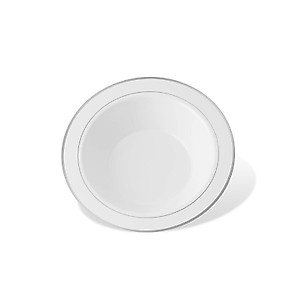 BloominGoods 50 Disposable White Silver Trim Plastic Dessert Bowls | SMALL 6 oz. Premium Heavy Duty Disposable Dinnerware with Real China Design | Safe & Reusable and Great for Parties (50-Pack)