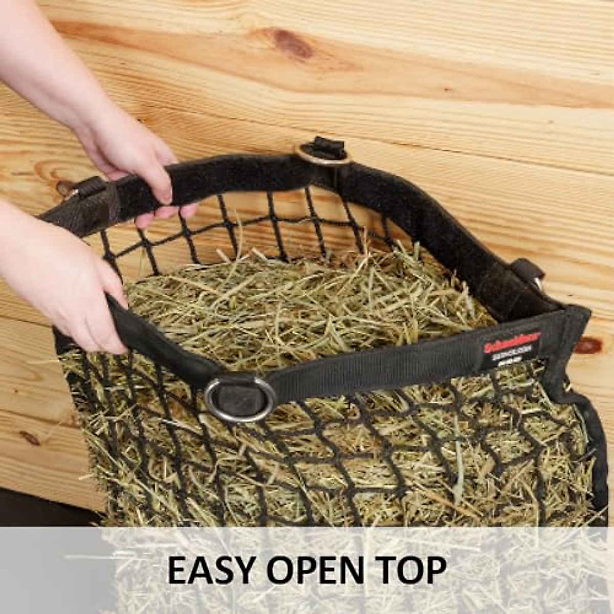 Schneiders Easy-Open Knotless 1.25" Slow Feed Hay Net | No More Wasted Time Filling Hay Bags | Easy Open Top | Slow Feed Holes | Large Capacity | Close Assist | 3 to 4 Flakes | Color White