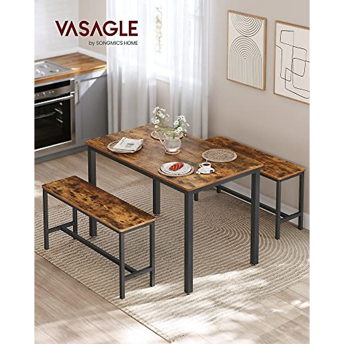 VASAGLE Dining Table Set, Bar Table with 2 Dining Benches, Kitchen Table Counter with Chairs, Industrial for Kitchen Breakfast Table, Living Room, Party Room, Rustic Brown and Black UKDT070B01