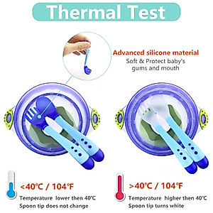 MICHEF Baby Bowls, Baby Feeding Bowls Set with 2 Hot Safe Baby Fork and Spoon, 2 Soft-Tip Silicone Baby Spoons, Mash and Serve Bowl - Baby Shower, Set of 3 Suction Baby Bowls for Toddler with Lids