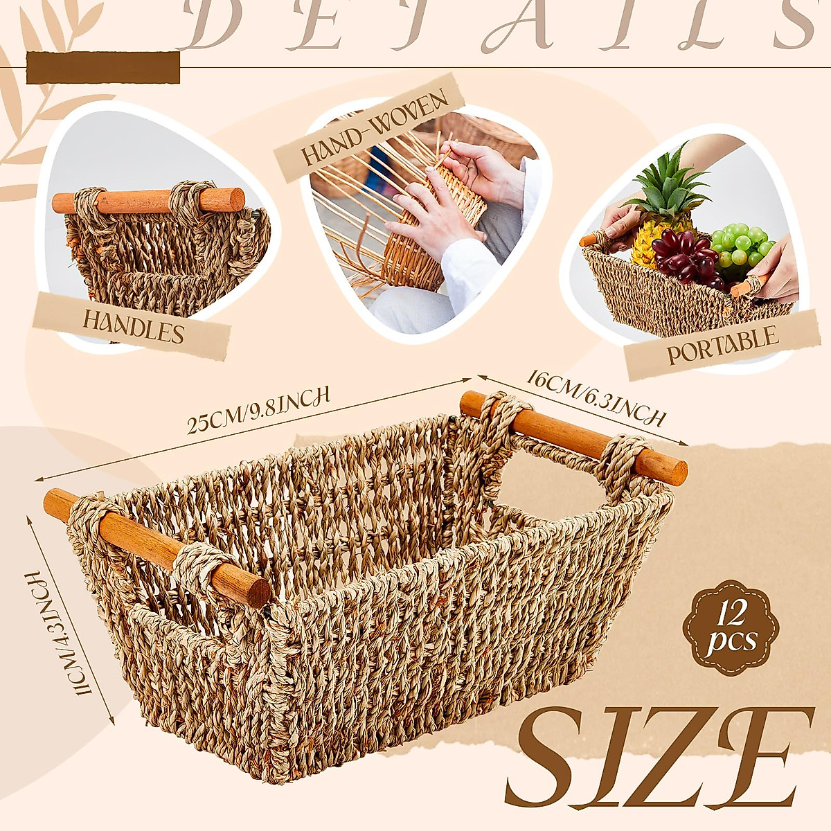 Marsui 12 Pcs Small Wicker Baskets for Gifts Empty Hand Woven Seagrass Rattan Towel Baskets for Bathroom Bin Organizer Shelf Pantry Baskets for Gifts Storage Towel Kitchen Toilet Living Room (Brown)