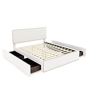 HBRR Queen Bed Frame with 4 Drawers, Upholstered Platform Queen Size Bed with Headboard Footboard, Wooden Slats Support, No Box Spring Needed, Easy Assembly, White