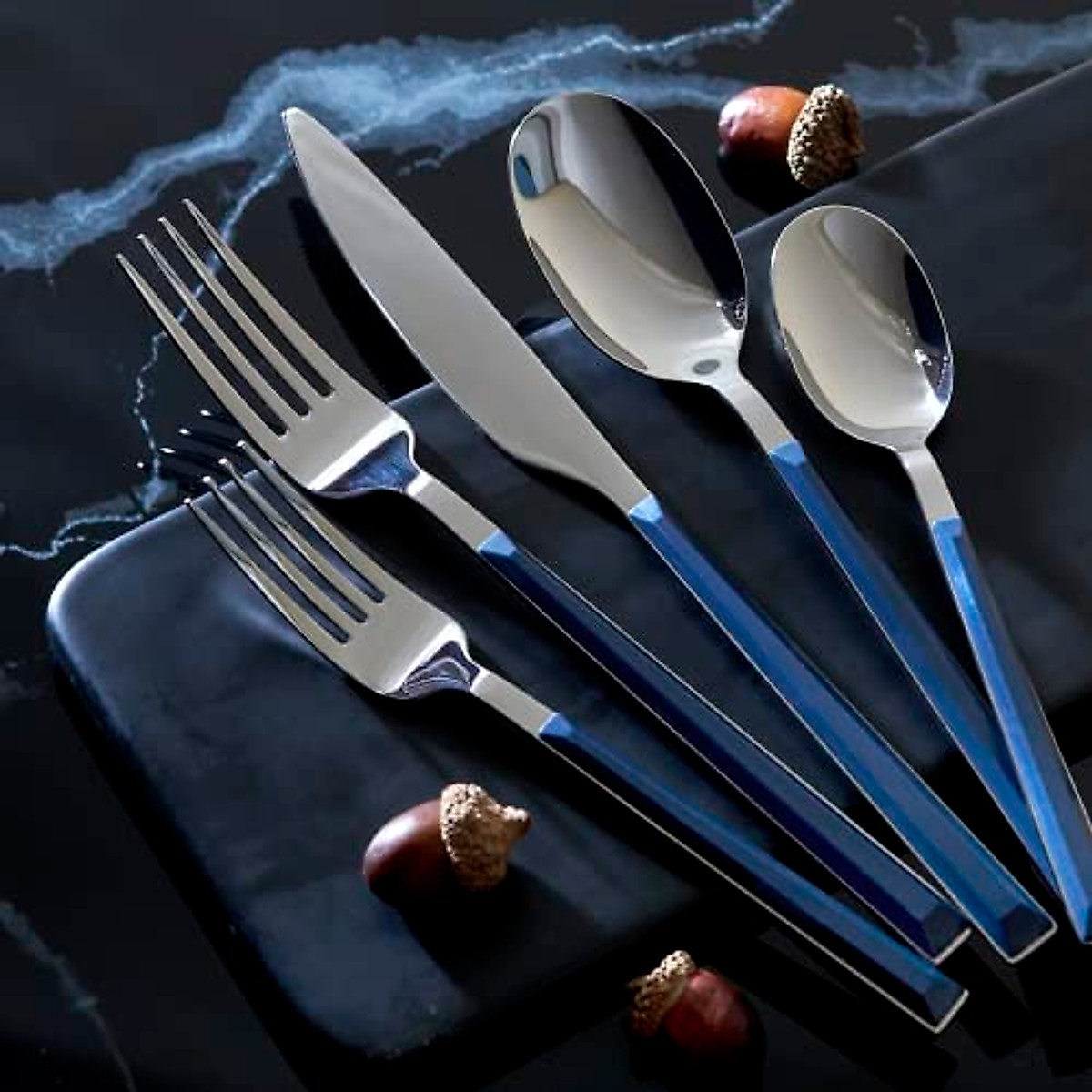 20 Piece Blue Plastic Handle Flatware Set For 4, Ornative Iris Silverware, Includes Knives, Forks, Spoons, Stainless Steel Cutlery Silverware Set, Dishwasher Safe Utensil for Home Kitchen Restaurant