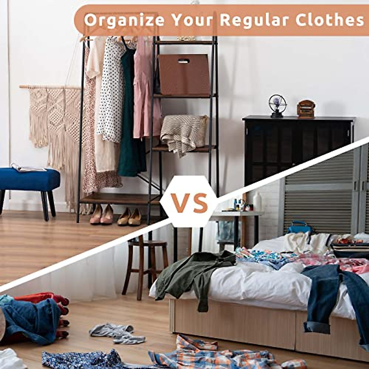 YOUDENOVA Clothing Rack with Bottom Shelve, Industrial Garment Rack with 3 Mesh Shelves, Freestanding Closet Heavy Duty with 2 Fabric Storage Boxes