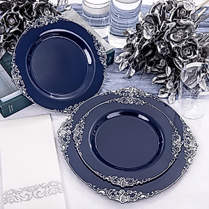 Hioasis 175pcs Blue Plastic Plates - Blue and Silver Plastic Plates Disposable Include 25 Dinner Plates,25 Dessert Plates,25 Knives,25 Forks,25 Spoons,25 Napkins Perfect for Wedding & Parties