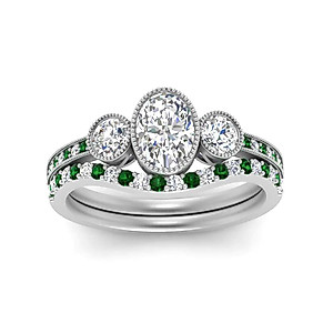 55Carat Three Stone Bezel Set Bridal Ring Set Sterling Silver Created Emerald Oval Shape Green Color Wedding Ring Sets Pave Setting in Size 6 Minimal Surprise Gifts for Ladies