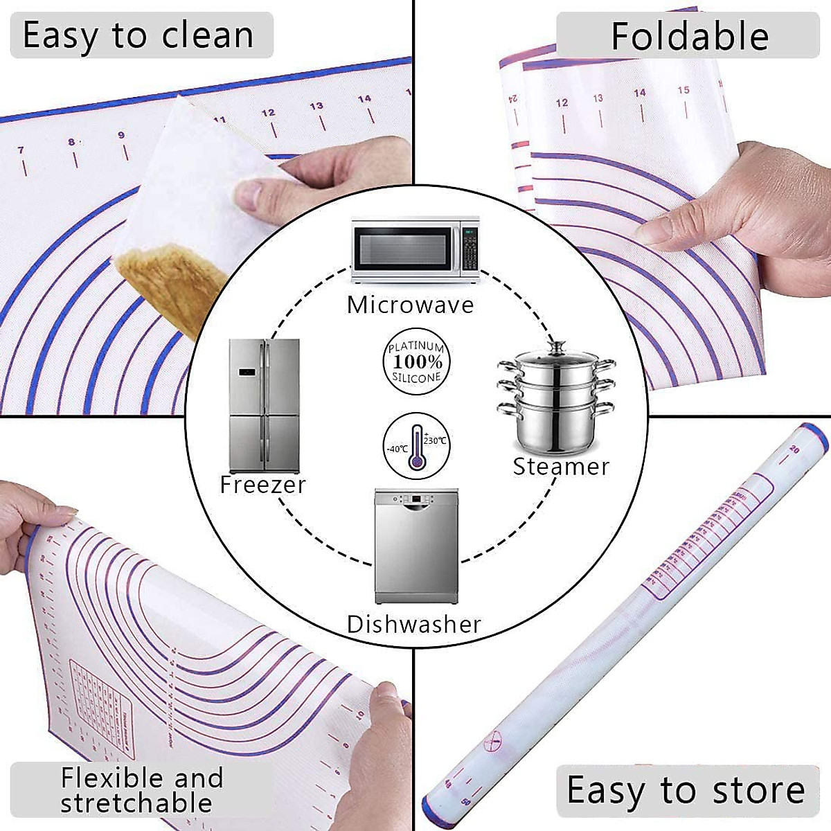 Rolling Pin, Silicone Baking Pastry Mat, Smooth Stainless Steel Roller, 4 Removable Adjustable Thickness Non Stick Rings Rolling Pins for Baking Dough, Pizza, Pie, Pastries, Pasta, Cookies, 2 Pcs