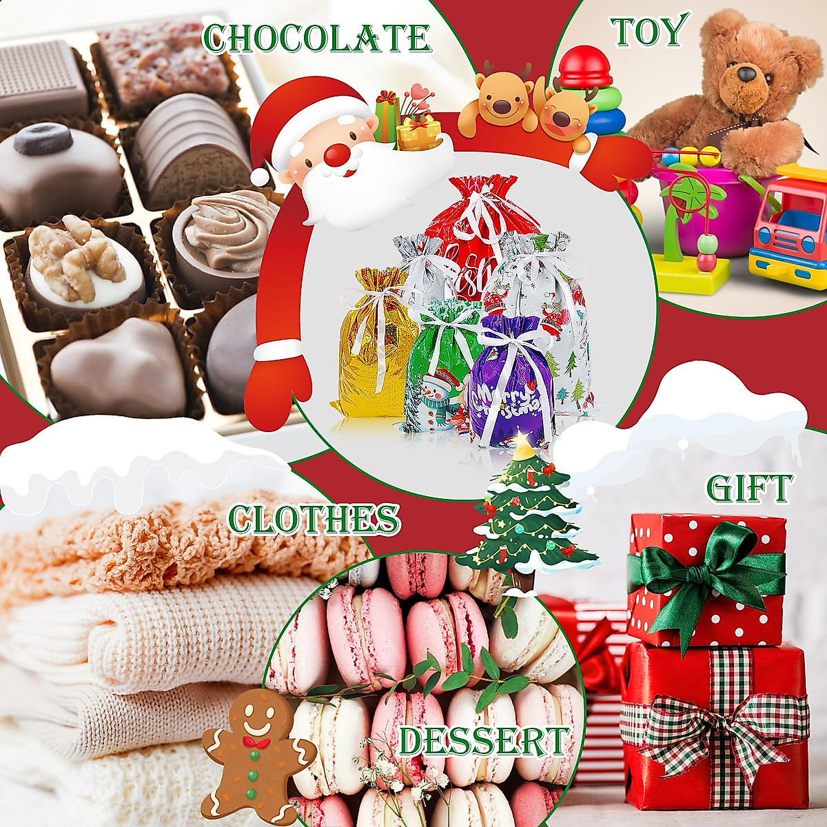 Qzndhrua Christmas Gift Bags - Christmas Drawstring Bags 30 PCS - Christmas Packaging Bags - 10 Seconds Wrapping, Christmas Party Bags with Tags