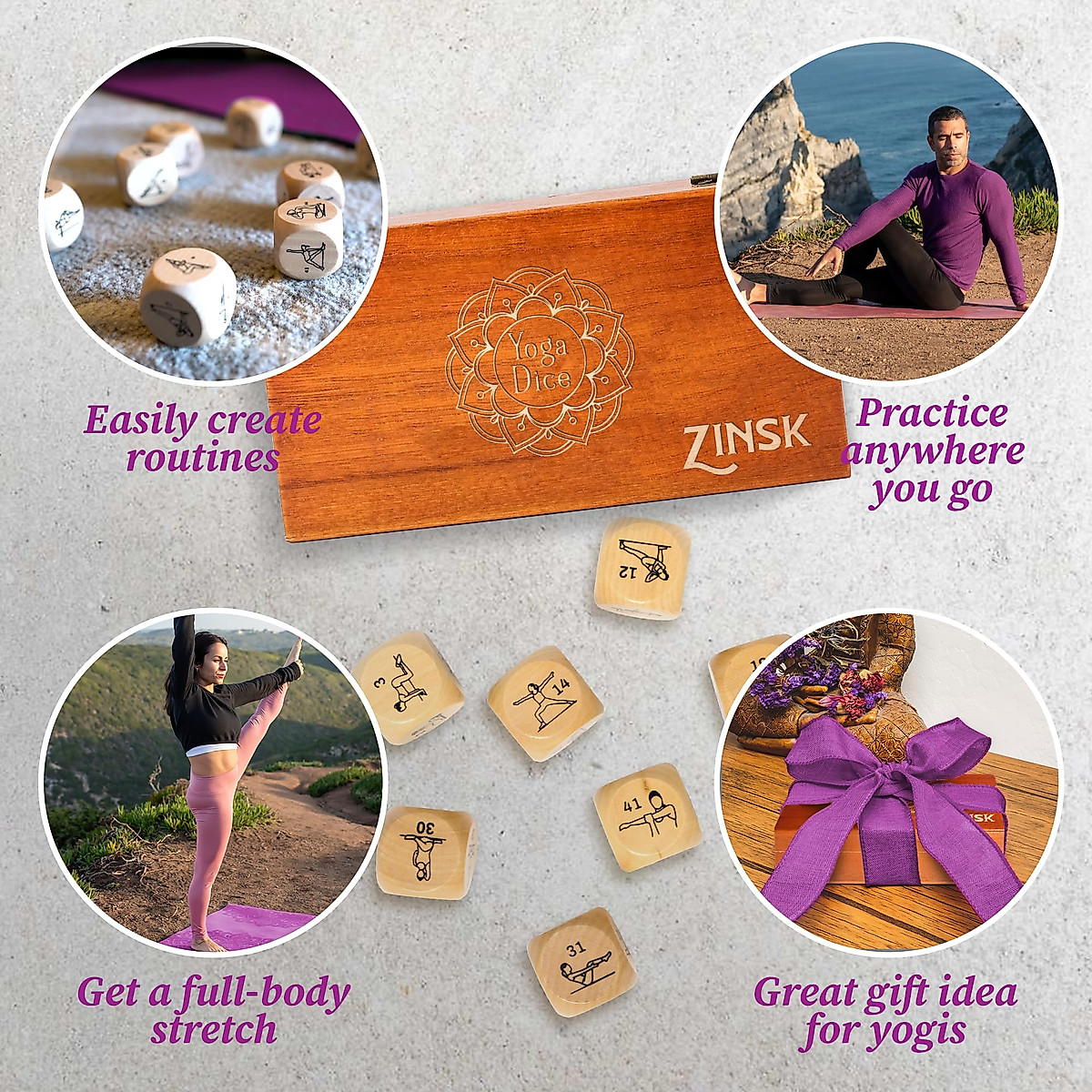Zinsk 8-pc Wood Yoga Dice Set - Creative Yoga Accessories and Fun Yoga Gifts for Women - Wooden Workout Dice & Fitness Dice to Create Yoga Flows in Seconds - Yoga Stuff for Yogis and Yoga Instructors