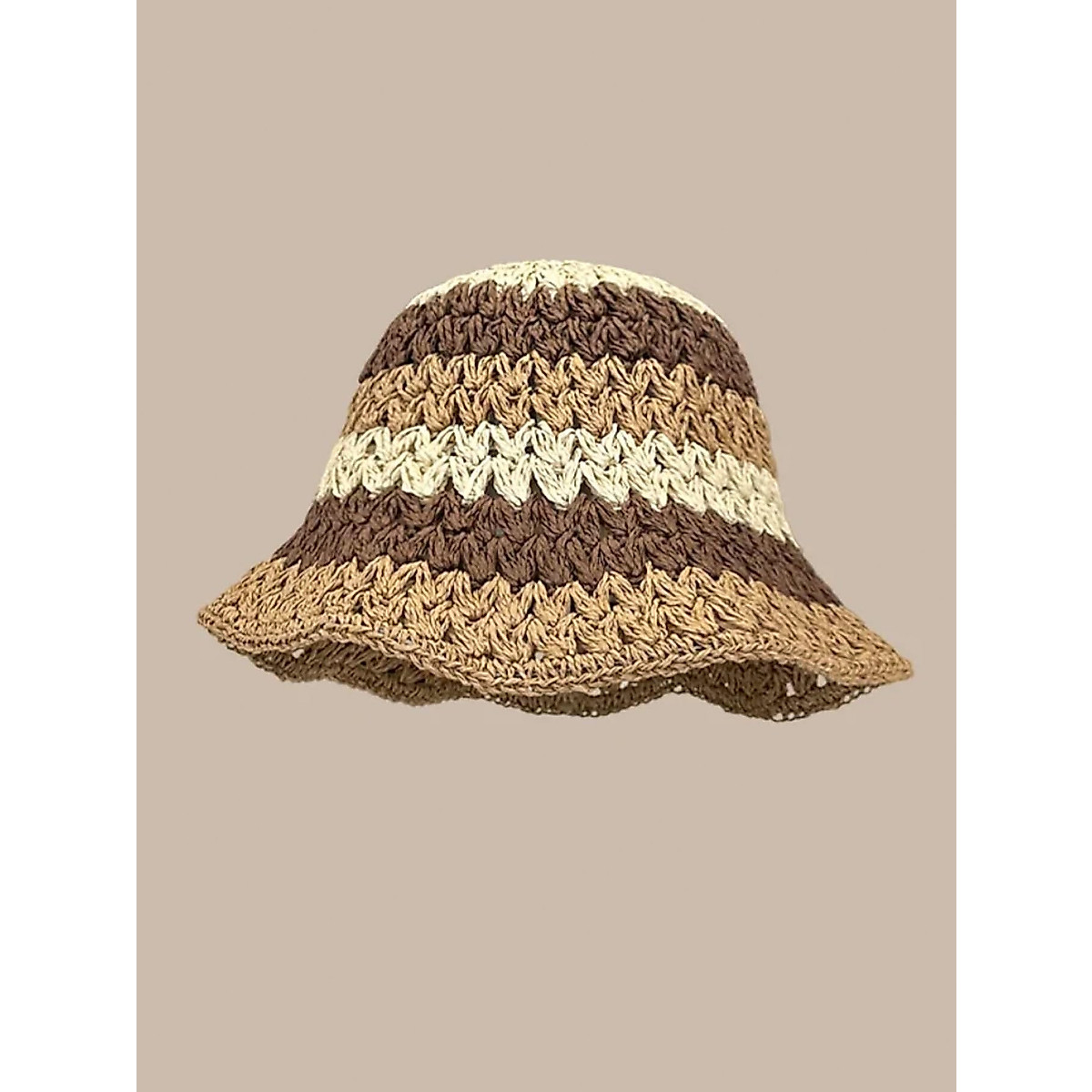 Verdusa Women's Floral Appliques Crochet Bucket Hats Cute Knitted Fishing Hat Outdoor Cap Coffee Brown One-Size