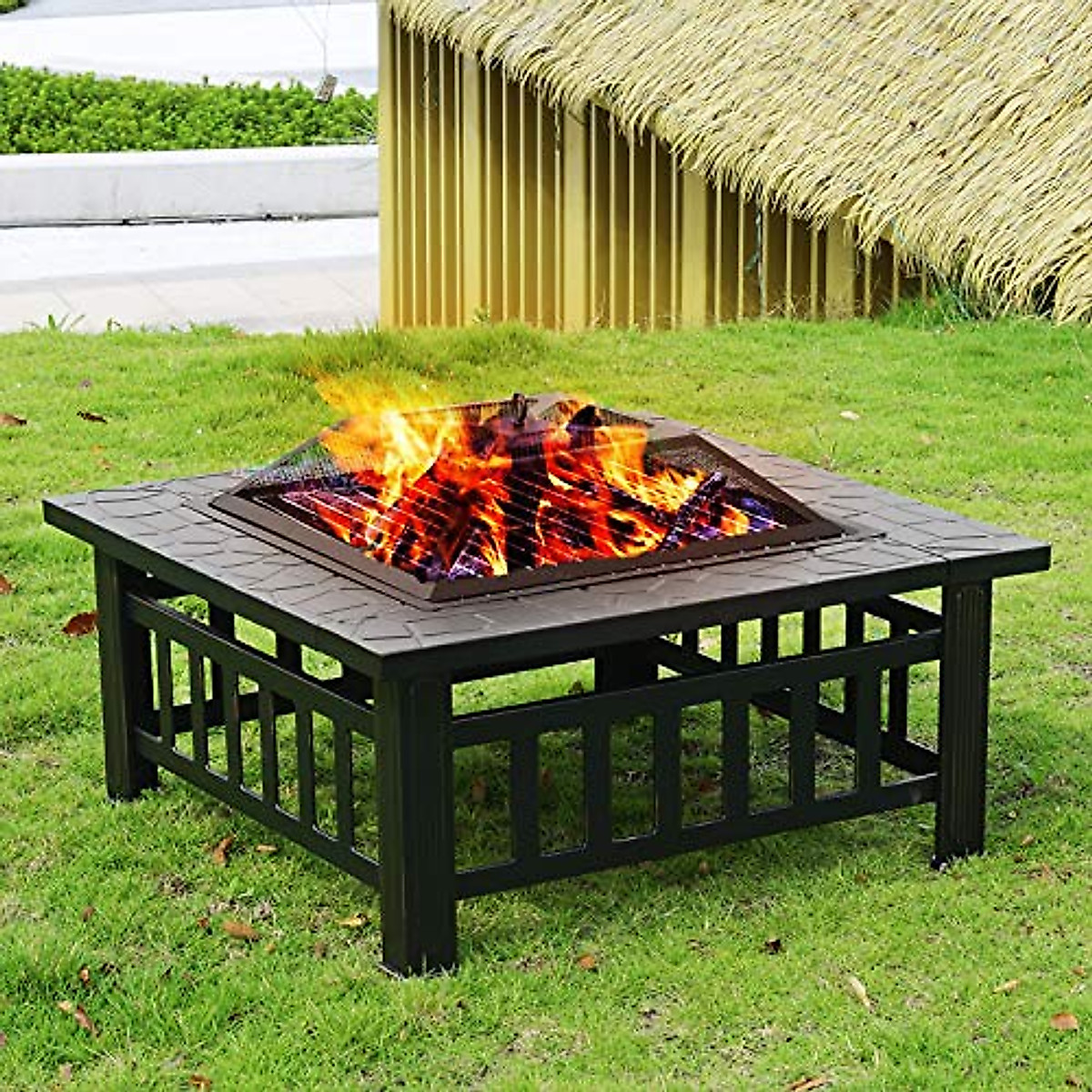 Vnewone 32'' Outdoor Fire Pit Metal Square Firepit Patio Stove Wood Burning for Backyard Garden Camping Picnic Bonfire with Spark Screen Cover, Log Grate, Poker,32" L32 W 14”, Black