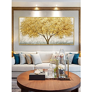 Gold Tree of Life Canvas Wall Art For Living Room -Hand Painted Gallery Wrapped Oil Painting for Bedroom-Framed 3D Wall Decoration for Office Kitchen 20x40 inches