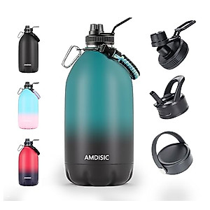 AMDISIC One Gallon Vacuum Insulated Water Bottle Stainless Steel 128oz Large Water Jug Black with 3 Lids & Braided Rope Handle for Outdoor Hiking Camping Sport Hot Cold Drink (Indigo/Black)