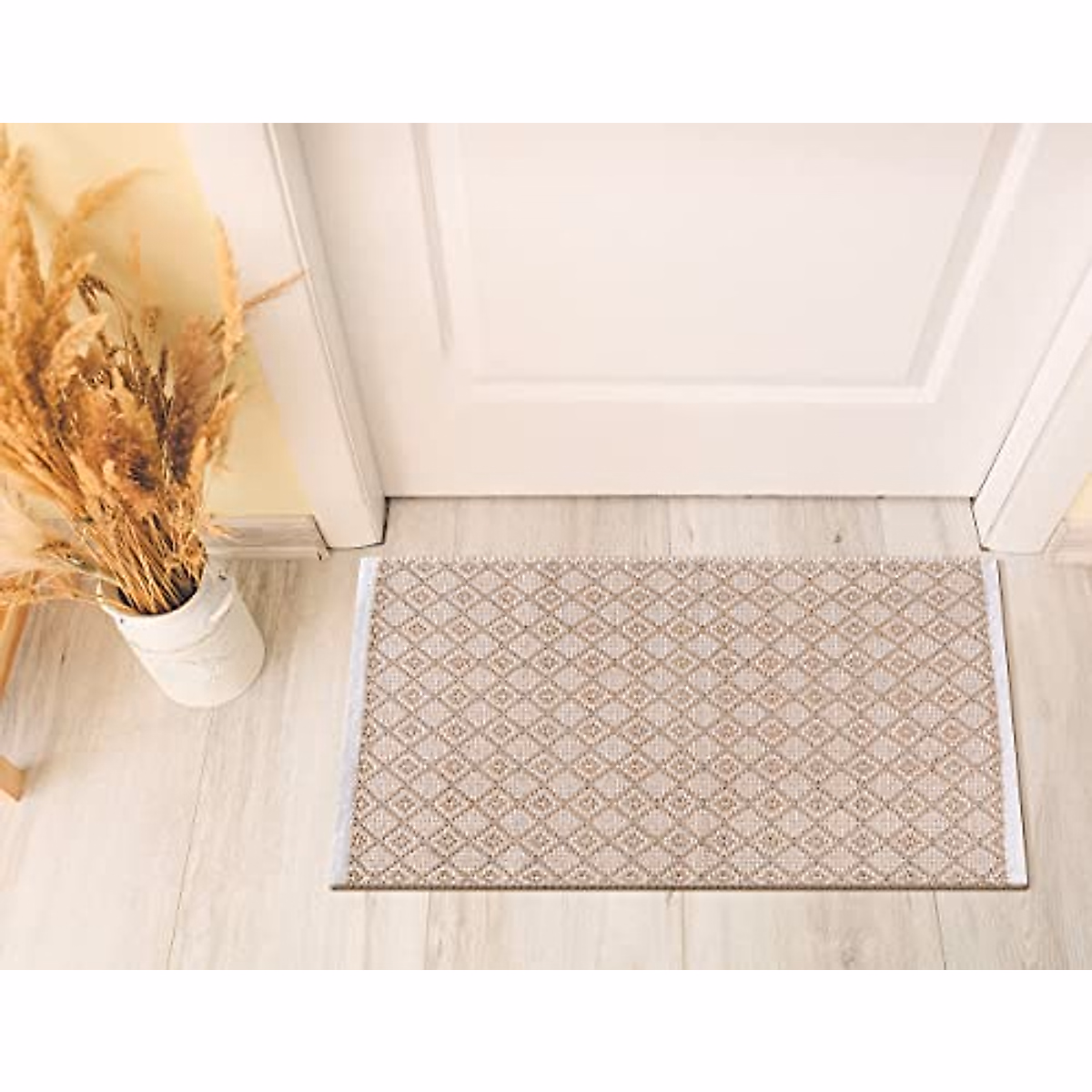 THE BEER VALLEY Diamond Woven Rug 2'x3' - Beige, Anti-Slip Farmhouse Accent Cotton Rugs for Entryway Kitchen Bedroom Bathroom - 24x36 Inches