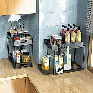 Under Sink Organizers and Storage, 2 Pack Pull-out Large Capacity Under Bathroom and Kitchen Cabinet Storage Drawer Organizer with Hooks, Multi-purpose Heavy Load Under Sink Shelf Organizer, Black