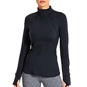 CRZ YOGA Women's Long Sleeve Quarter Zip Pullover Slim Fit Athletic Yoga Tops Workout Running Shirts with Thumbholes Black Small